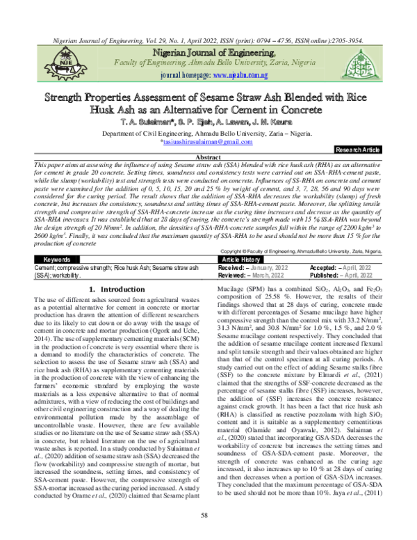 (PDF) Strength Properties Assessment of Sesame Straw Ash Blended with ...