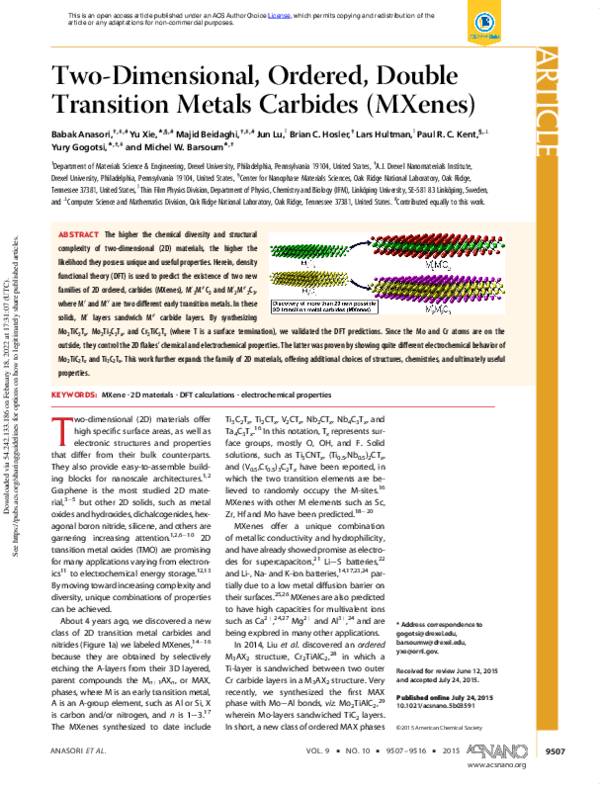 (PDF) Two-Dimensional, Ordered, Double Transition Metals Carbides (MXenes)