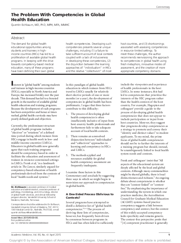 (PDF) The problem with competencies in global health education ...