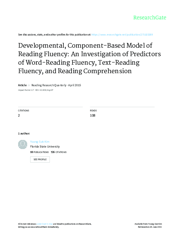 (PDF) Developmental, Component-Based Model of Reading Fluency: An Investigation of Predictors of ...