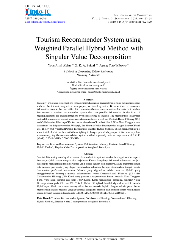 (PDF) Tourism Recommender System using Weighted Parallel Hybrid Method with Singular Value ...