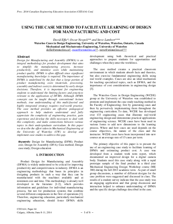 (PDF) Using the Case Method to Facilitate Learning of Design for Manufacturing and Cost