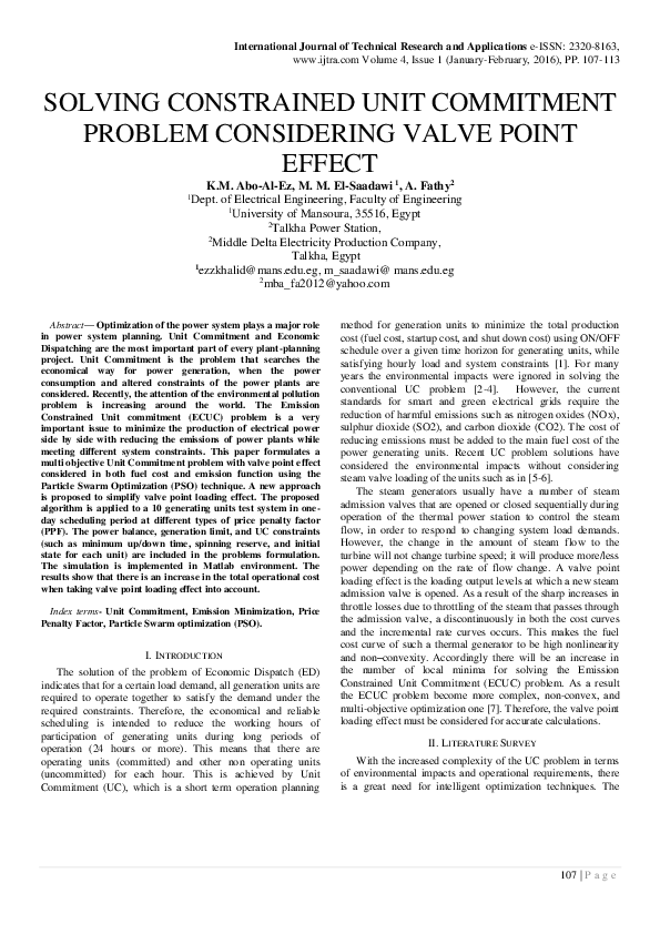(PDF) Multi-Objective Unit Commitment with Valve Point Effect