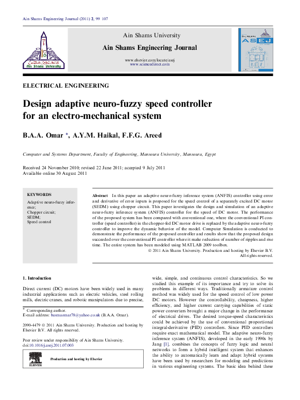 (PDF) Design adaptive neuro-fuzzy speed controller for an electro-mechanical system