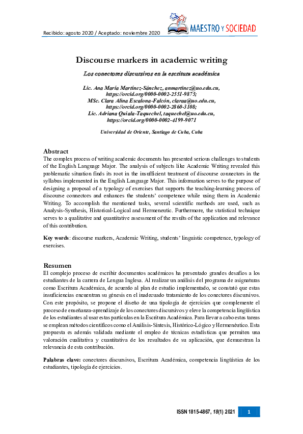 (PDF) Discourse markers in academic writing