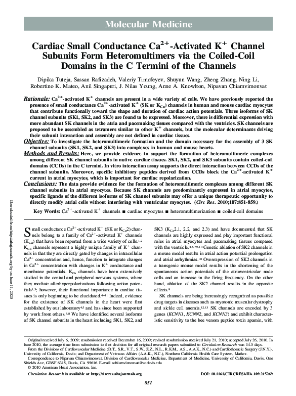 (PDF) Cardiac Small Conductance Ca2+-Activated K+ Channel Subunits Form ...