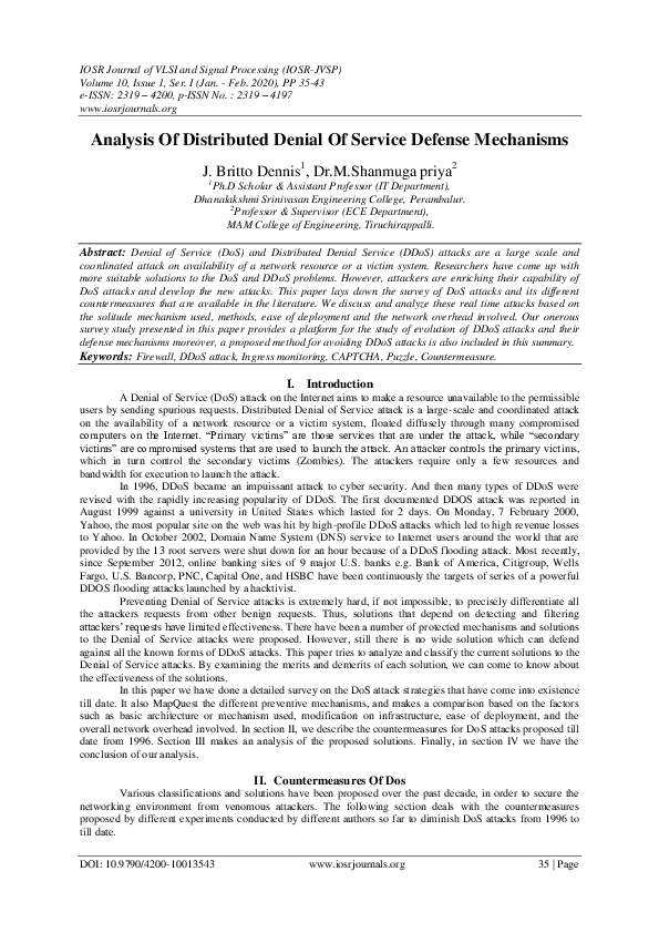 (PDF) Analysis Of Distributed Denial Of Service Defense Mechanisms