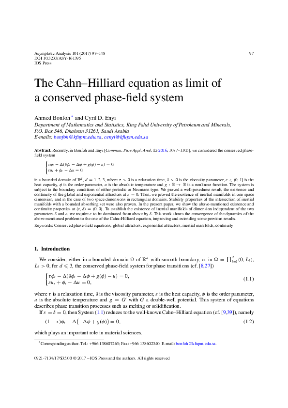 (PDF) The Cahn–Hilliard equation as limit of a conserved phase-field system