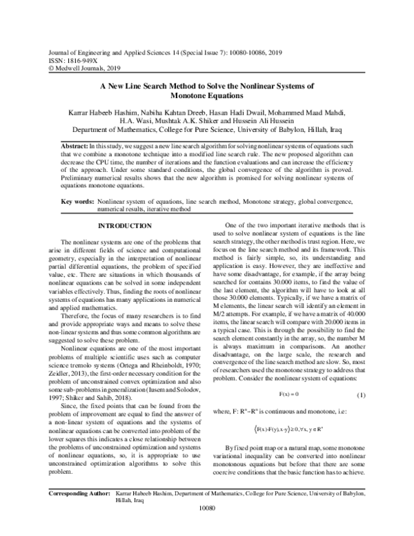 Pdf A New Line Search Method To Solve The Nonlinear Systems Of Monotone Equations Ali