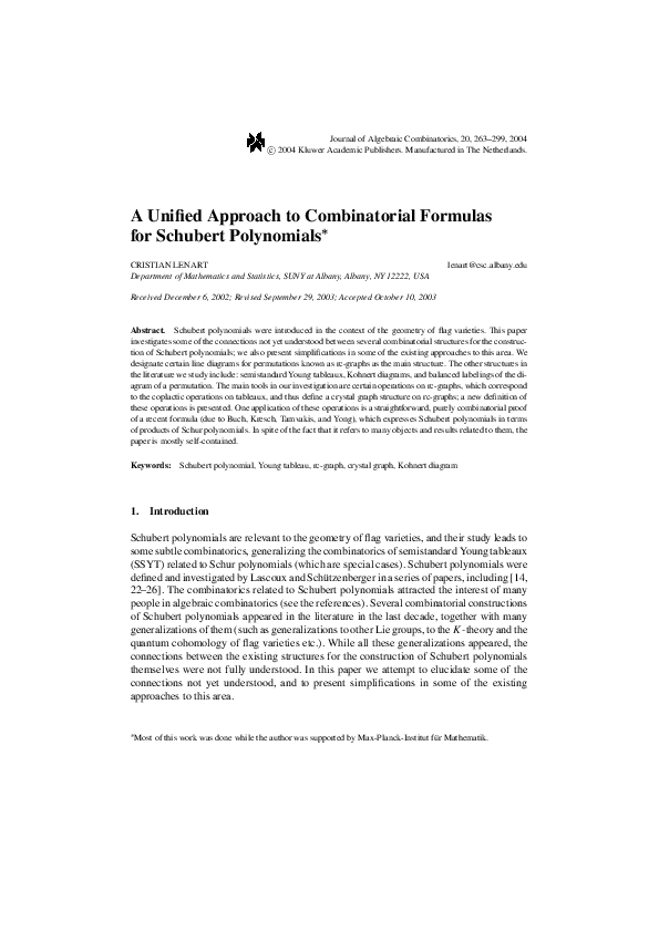 (PDF) A Unified Approach to Combinatorial Formulas for Schubert Polynomials