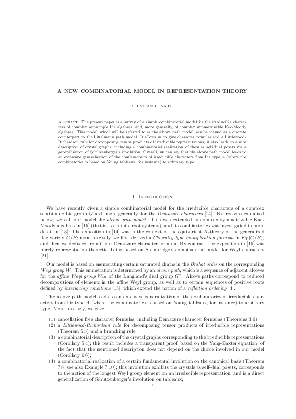(PDF) A New Combinatorial Model in Representation Theory (PDF) A New Combinatorial Model in Representation Theory