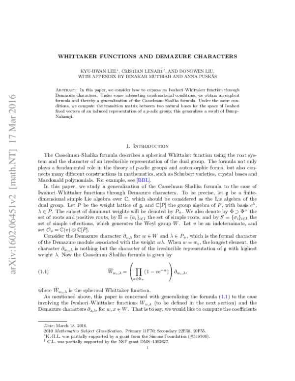 (PDF) Whittaker Functions and Demazure Characters