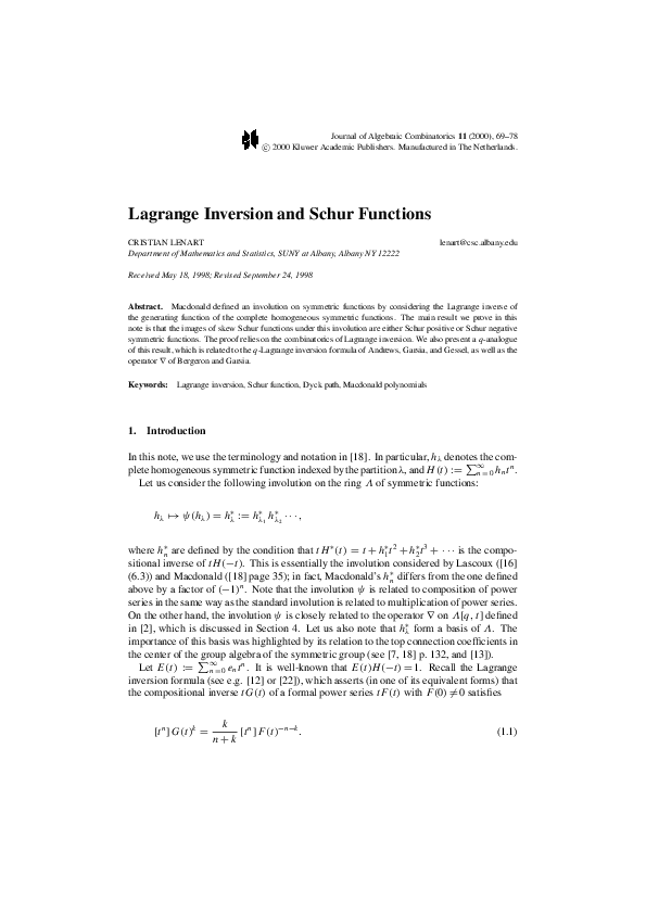 (PDF) Lagrange Inversion and Schur Functions