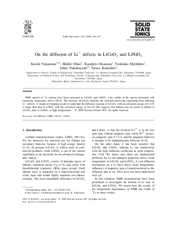 (PDF) On the diffusion of Li+ defects in LiCoO2 and LiNiO2 | Kazuhiro ...