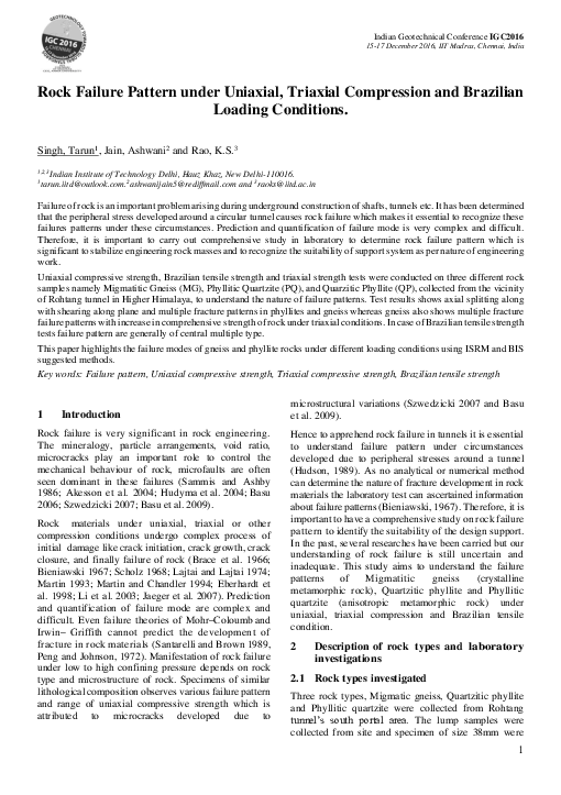 (PDF) Rock Failure Pattern Under Uniaxial, Triaxial Compression and Brazilian Loading Conditions