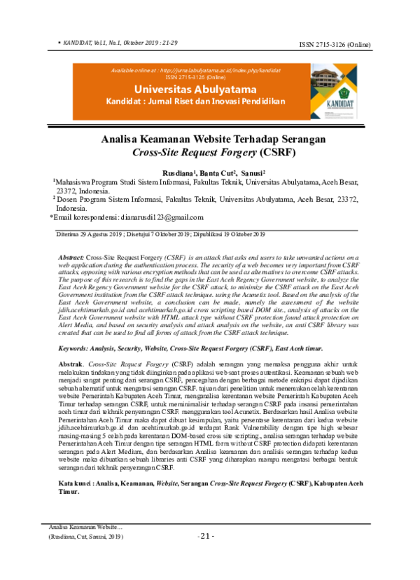 (PDF) Analisa Keamanan Website Terhadap Serangan Cross-Site Request Forgery (CSRF) | Banta Cut ...