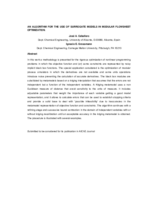 Pdf An Algorithm For The Use Of Surrogate Models In Modular Flowsheet
