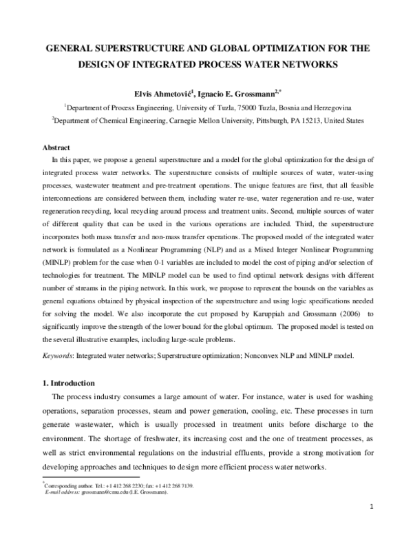 (PDF) Global superstructure optimization for the design of integrated process water networks