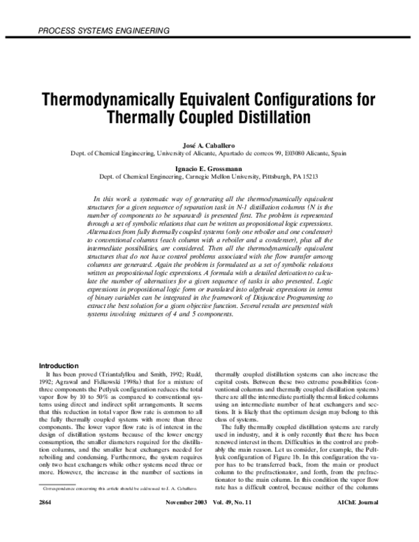 (PDF) Thermodynamically equivalent configurations for thermally coupled distillation