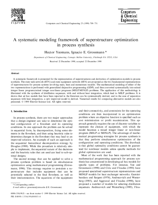 Pdf A Systematic Modeling Framework Of Superstructure Optimization In Process Synthesis