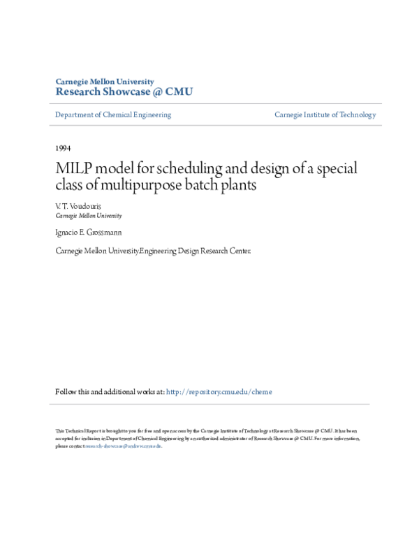 (PDF) MILP model for scheduling and design of a special class of multipurpose batch plants