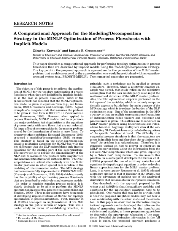 Pdf A Computational Approach For The Modelingdecomposition Strategy In The Minlp Optimization