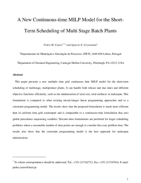 (PDF) New Continuous-Time MILP Model for the Short-Term Scheduling of Multistage Batch Plants