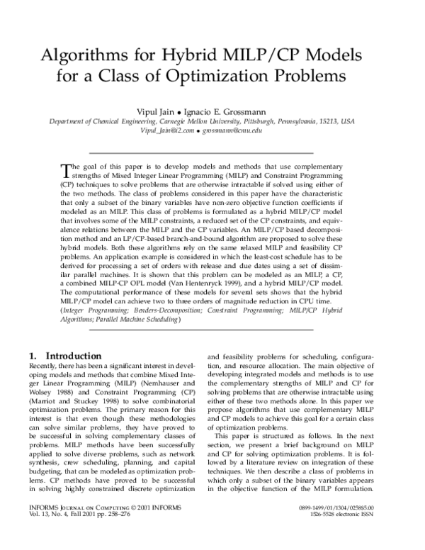 Pdf Algorithms For Hybrid Milpcp Models For A Class Of Optimization