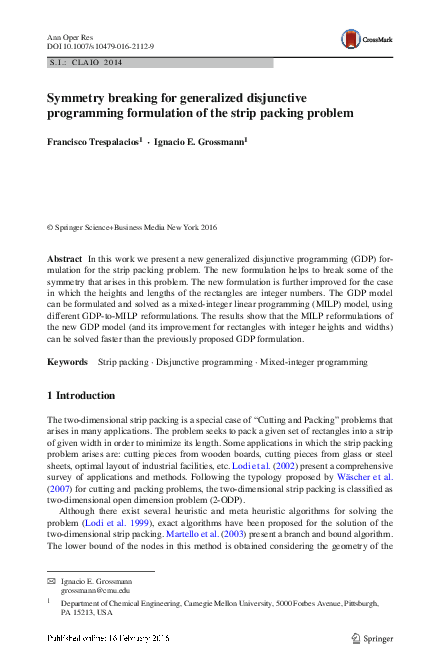 (PDF) Symmetry breaking for generalized disjunctive programming formulation of the strip packing ...