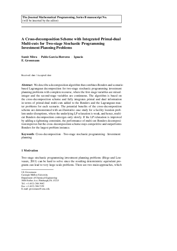 (PDF) A cross-decomposition scheme with integrated primal–dual multi-cuts for two-stage ...