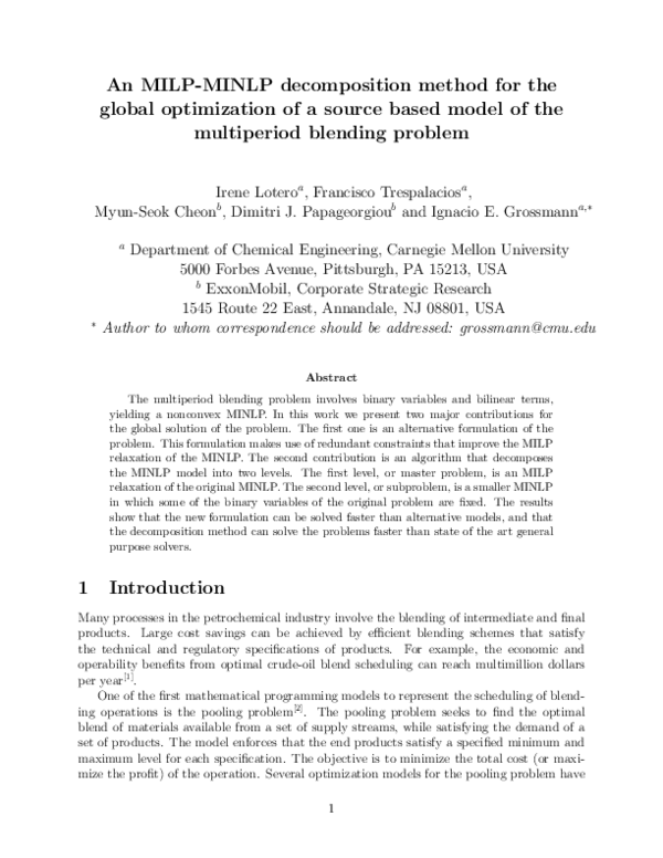Pdf An Milp Minlp Decomposition Method For The Global Optimization Of A Source Based Model Of