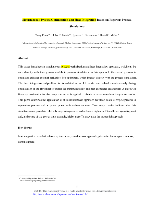 (PDF) Simultaneous process optimization and heat integration based on ...