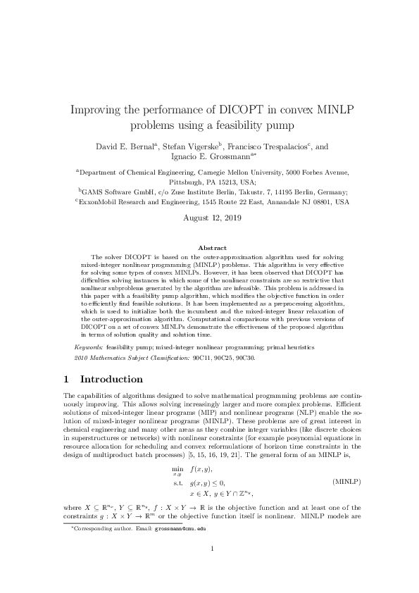 (PDF) Improving the performance of DICOPT in convex MINLP problems using a feasibility pump