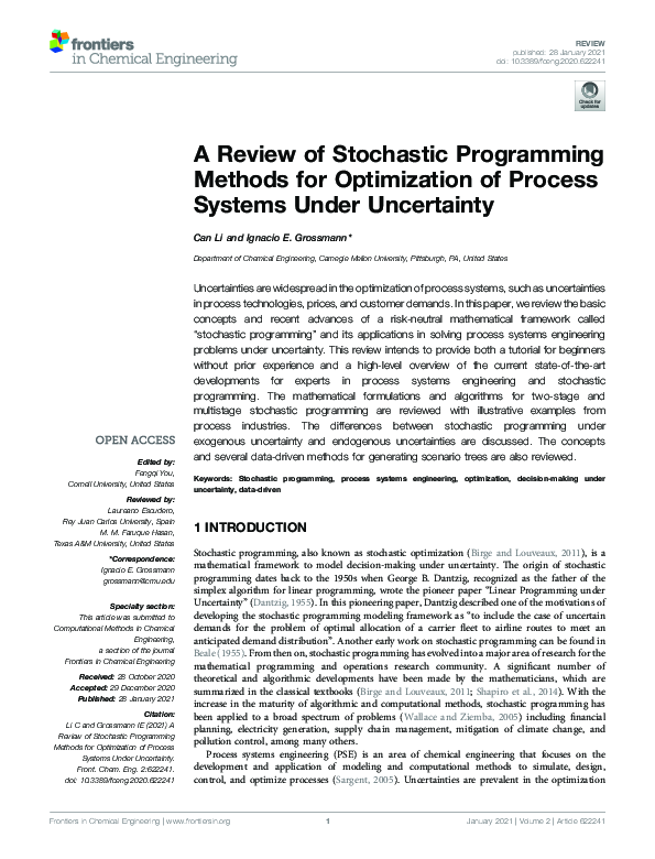Pdf A Review Of Stochastic Programming Methods For Optimization Of