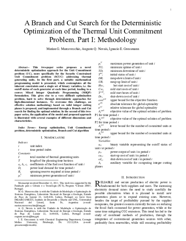Pdf A Branch And Cut Search For The Deterministic Optimization Of The Thermal Unit Commitment
