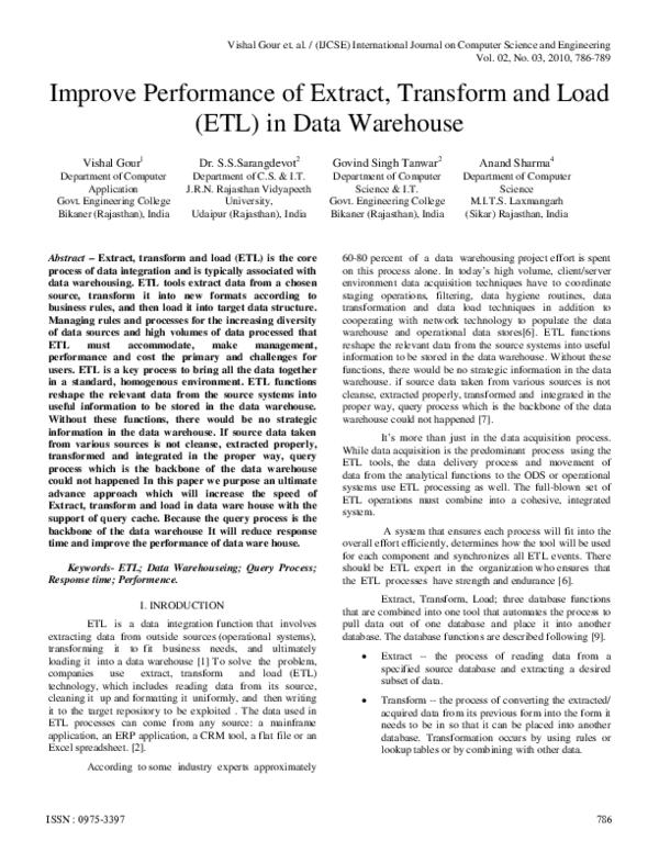(PDF) Improve Performance of Extract, Transform and Load (ETL) in Data Warehouse