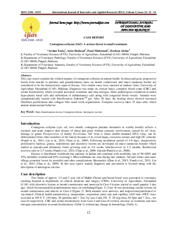 (PDF) Contagious ecthyma (Orf): A serious threat to small ruminants