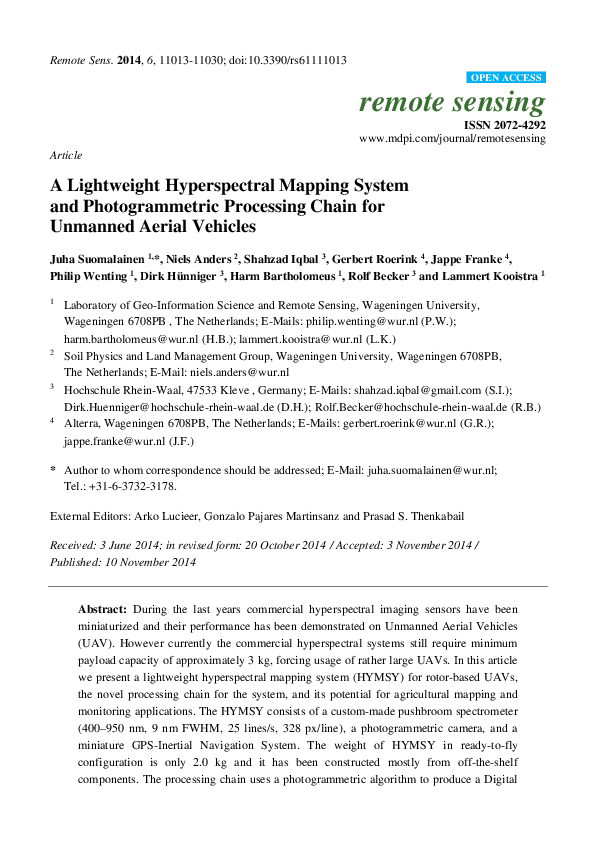 (PDF) A Lightweight Hyperspectral Mapping System and Photogrammetric Processing Chain for ...