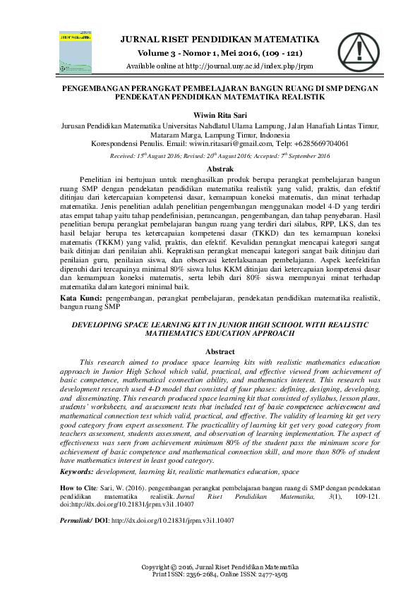 (PDF) Pengembangan perangkat pembelajaran bangun ruang di SMP dengan pendekatan pendidikan ...