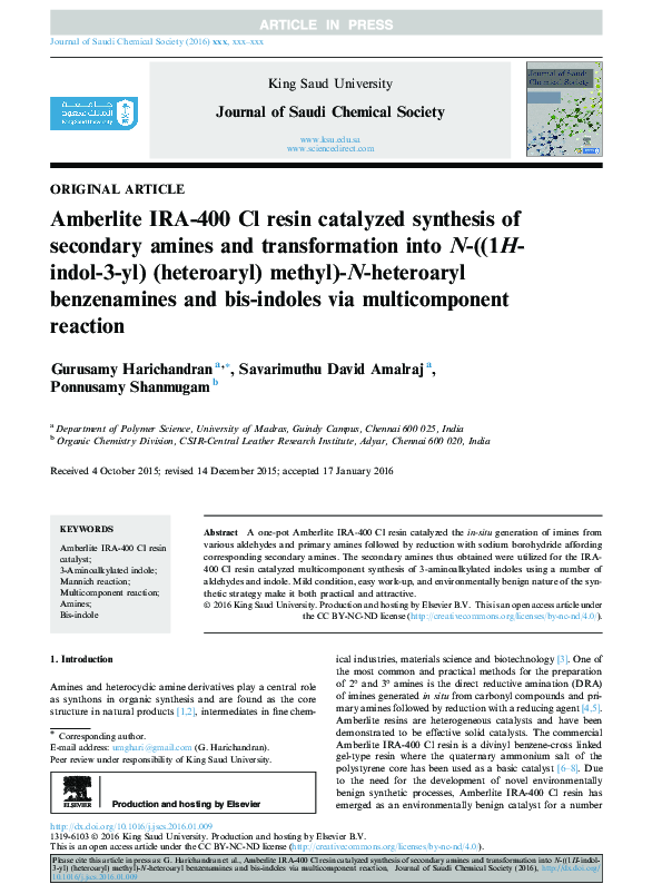 (PDF) Amberlite IRA-400 Cl resin catalyzed synthesis of secondary ...