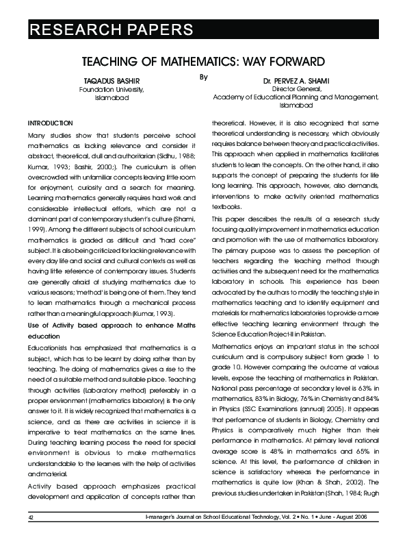 (PDF) Teaching of Mathematics: Way Forward