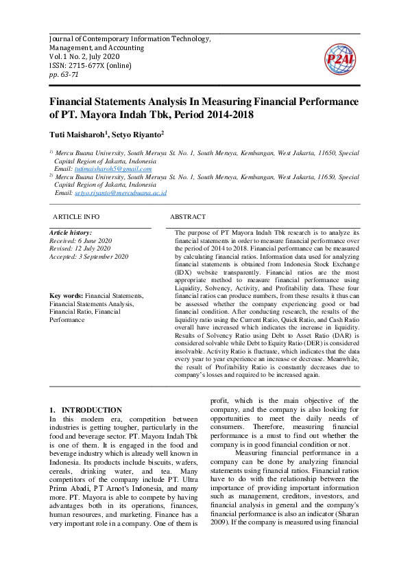 (PDF) Financial Statements Analysis in Measuring Financial Performance of the PT. Mayora Indah ...