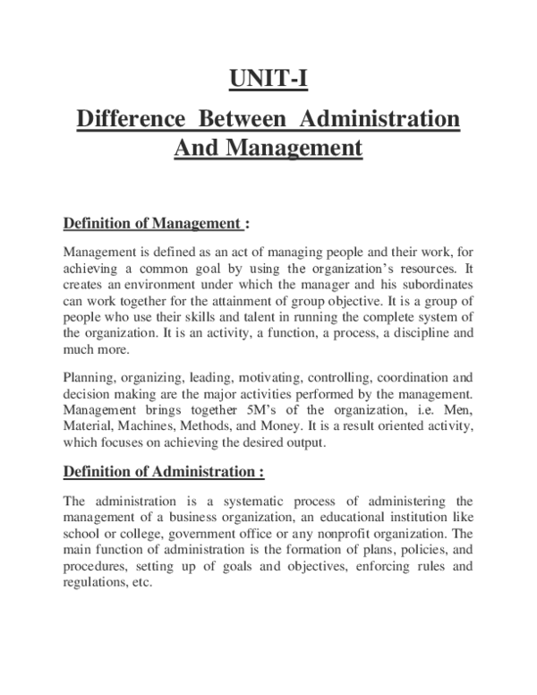 (PDF) UNIT-I Difference Between Administration And Management