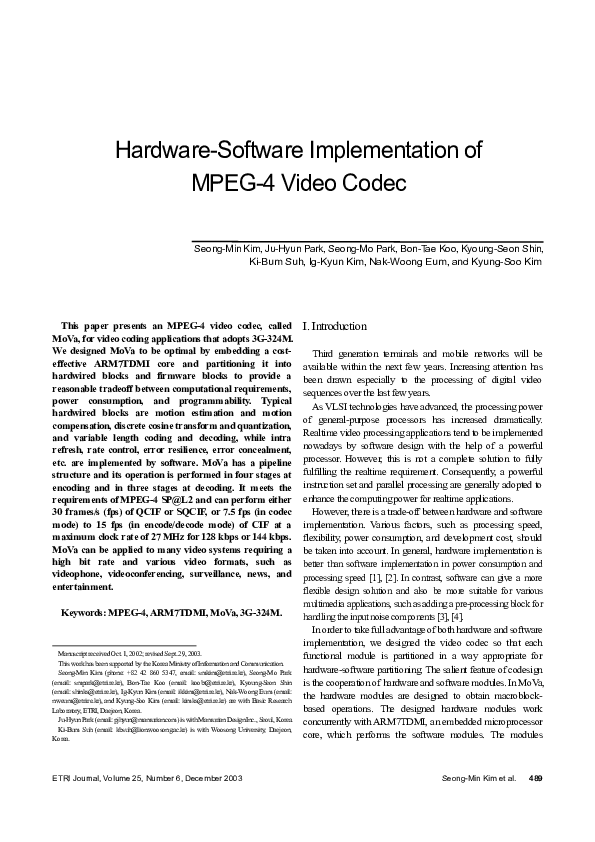 (PDF) Hardware-Software Implementation of MPEG-4 Video Codec