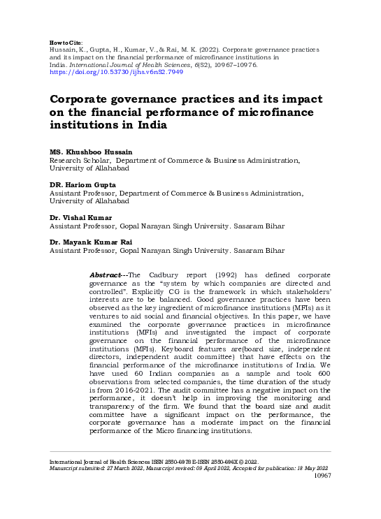 (PDF) Corporate governance practices and its impact on the financial performance of microfinance ...