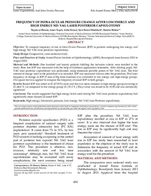 (PDF) Frequency of Intra Ocular Pressure Change After Low Energy and ...