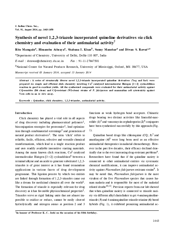(PDF) Synthesis of novel 1,2,3-triazole incorporated quinoline derivatives via click chemistry ...