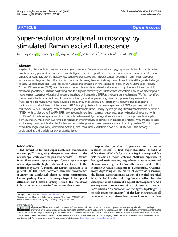 (PDF) Super-resolution vibrational microscopy by stimulated Raman excited fluorescence
