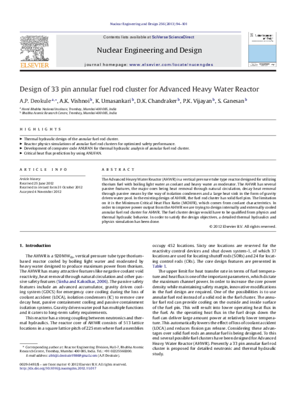(PDF) Design of 33 pin annular fuel rod cluster for Advanced Heavy ...