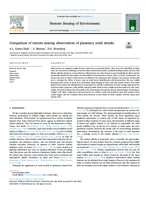 (PDF) Comparison of remote sensing observations of planetary wind streaks